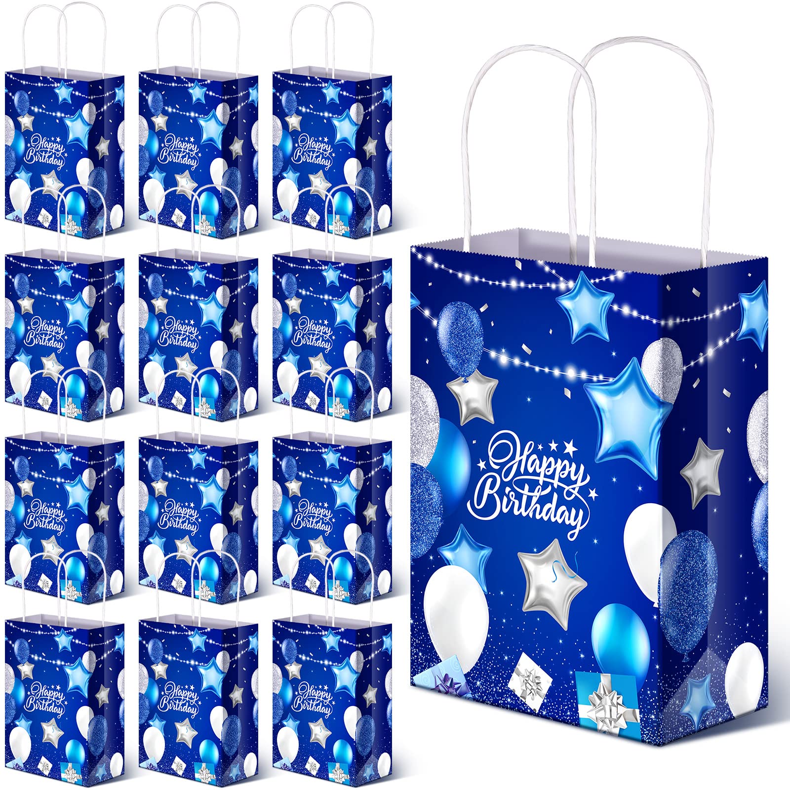 24 Pcs Birthday Gift Bags with Handles Navy Blue Silver Birthday Party Favors Goodie Bag Paper Gift Wrapping Bags for Boy Girls Men Women Birthday Party Supplies, 5.9 x 3.2 x 8.3 Inches