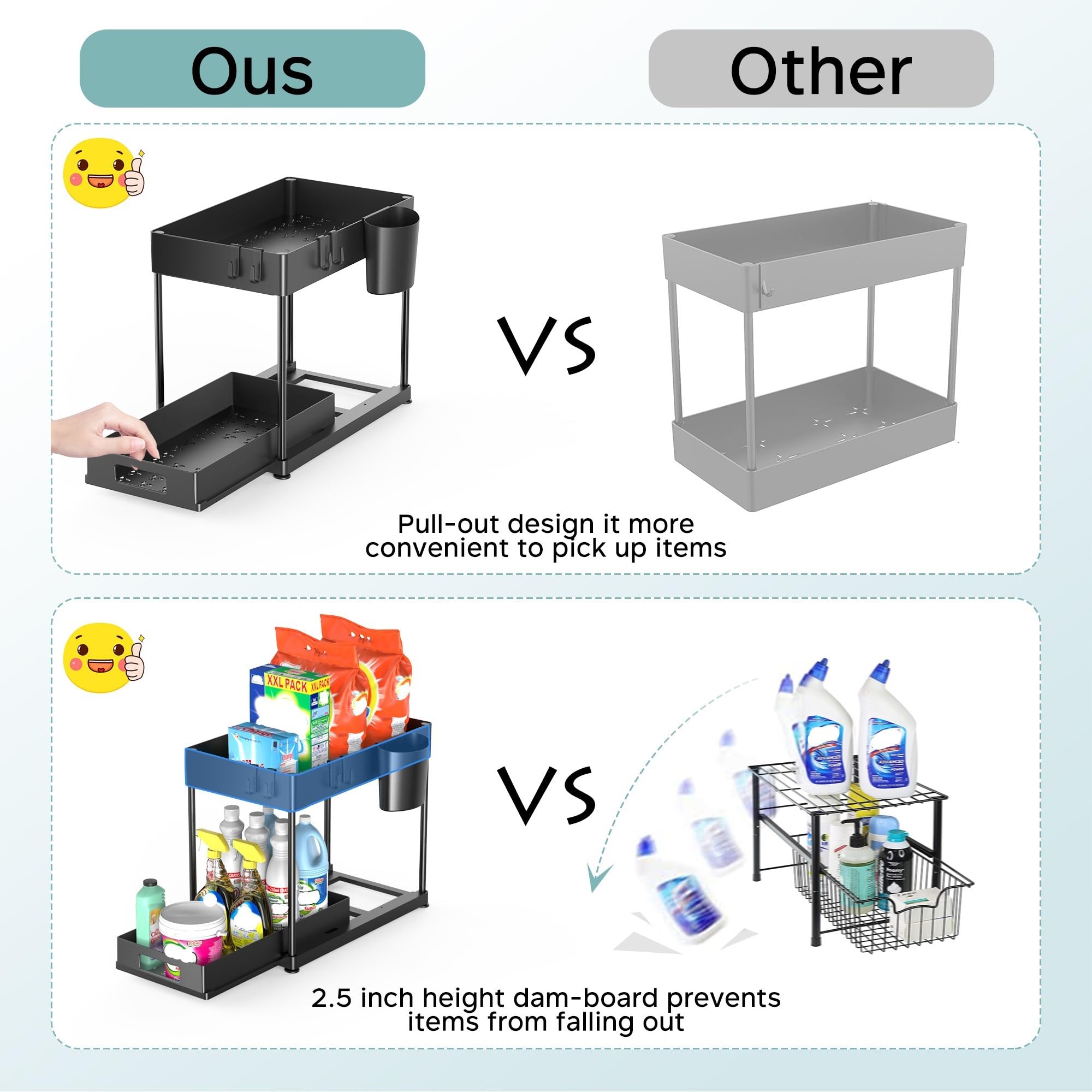 Kjfeoiye Under Sink Organizers and Storage, 2 Pack Large Capacity Heavy Load Pull-out Under Sink Shelves with Sliding Drawer for Kitchen and Bathroom, Black, 12 x 8.7 x 15.7 inch