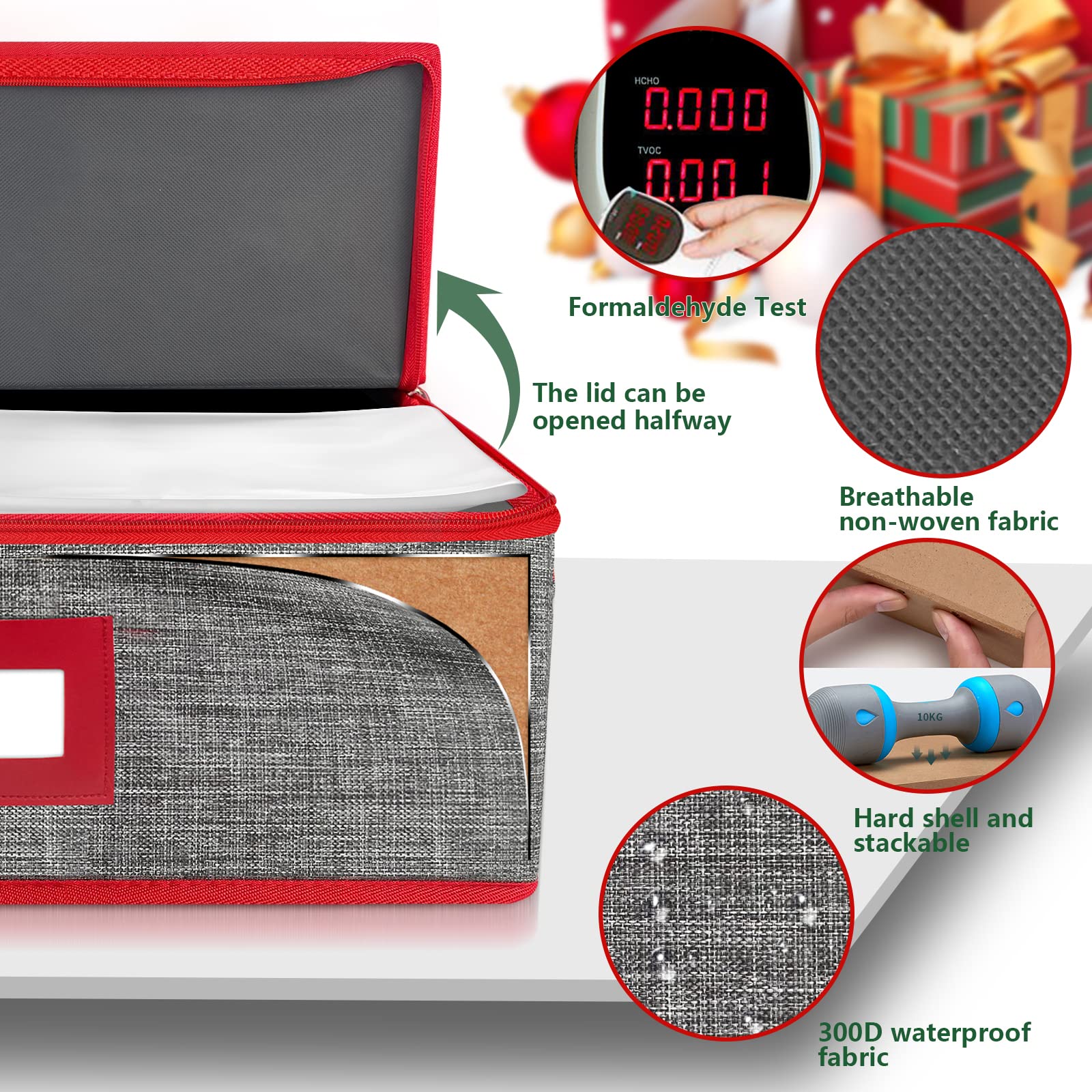 VERONLY Platter Storage Case Stackable - Christmas China Storage Containers, with Hard Lid Height of 5.3'' Padded Surfaces - Structured Top, Bottom and Sides, 4 Felt Dividers Included (Grey and Red)