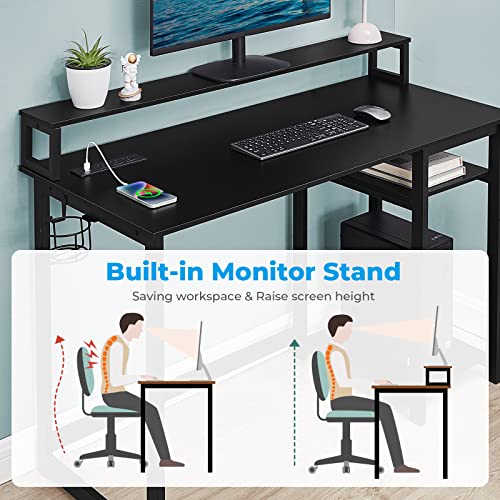 GreenForest Computer Desk with USB Charging Port and Power Outlet, Home Office Desk with Monitor Stand and Reversible Storage Shelves for Small Space, 47 inch Work Desk with Cup Holder and Hook, Black