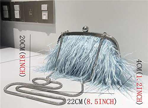 Vintage Fluffy Ostrich Feather Evening bags and Clutches for Women Pearl Chain Tote bags Bridal Purses Wedding Party Blue