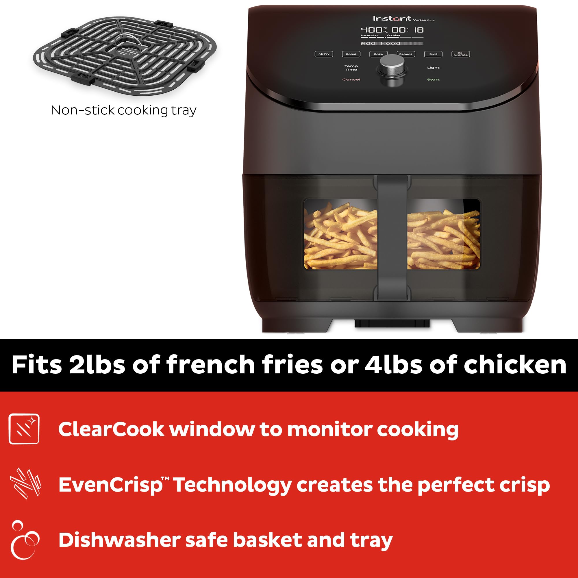 Instant Vortex Plus 6-Quart Air Fryer Oven, From the Makers of Instant Pot with ClearCook Cooking Window, Digital Touchscreen, App with over 100 Recipes, Single Basket, Black