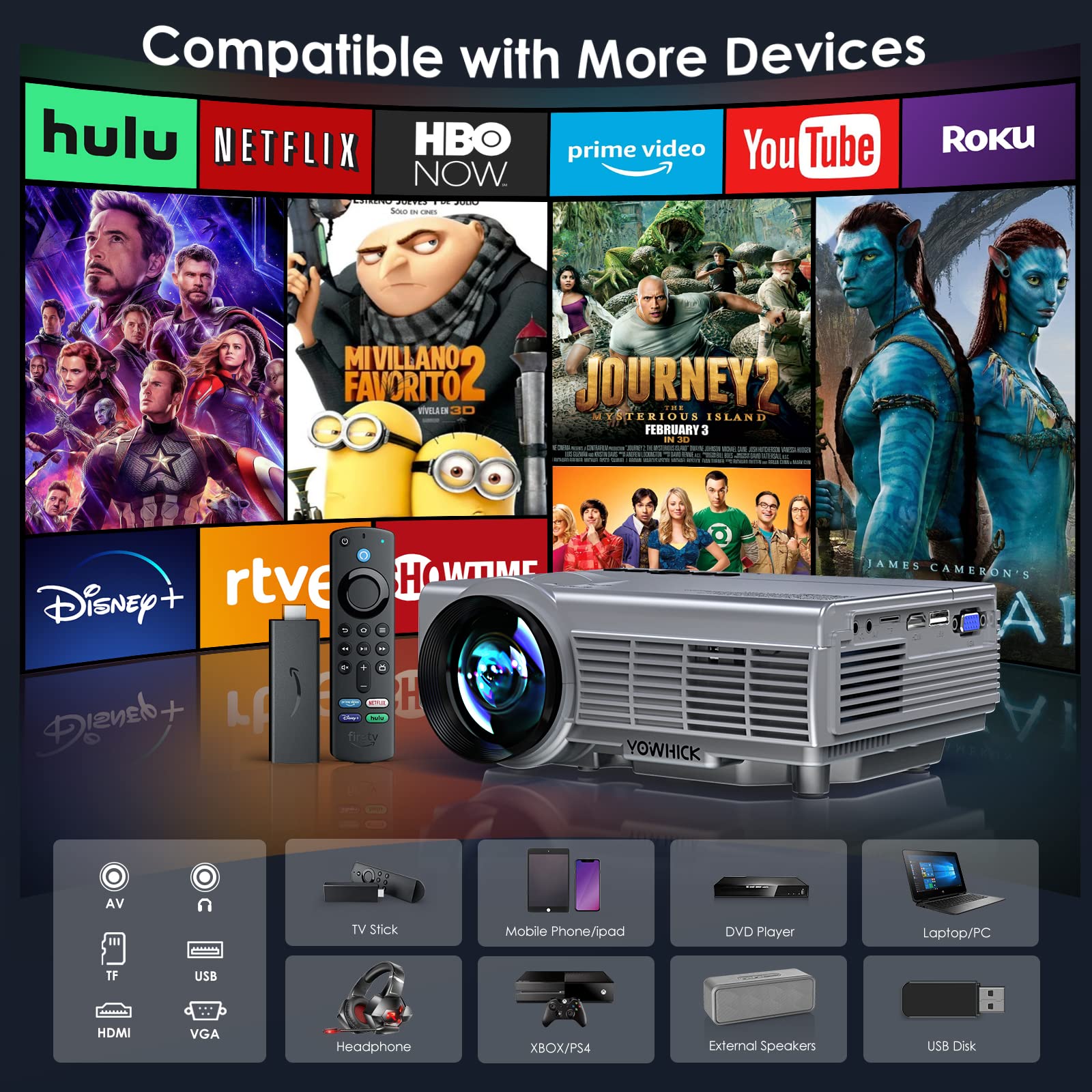 5G WiFi Bluetooth Projector, Native 1080P 8500L YOWHICK Outdoor Projector 4K Support, Mini Portable Movie Projector with Screen, for HDMI, VGA, USB, Laptop, iOS & Android Phone