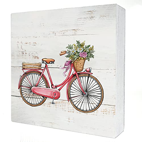 Bicycle and Flowers Spring Wood Box Sign Home Decor Rustic Spring Wooden Box Sign Block Plaque for Wall Tabletop Desk Home Decoration