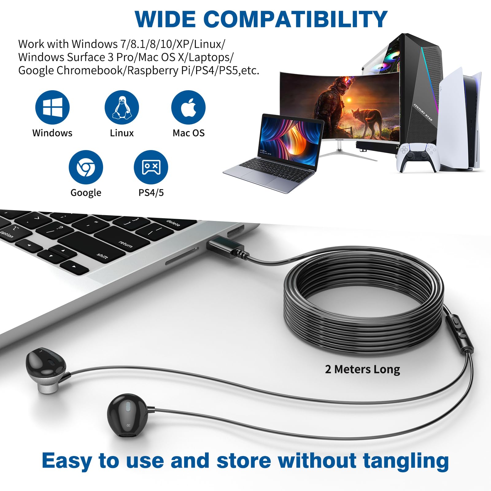 HGCXING USB Headset with Microphone for PC, 8.2FT Wired In-Ear Headphones, Noise Cancelling, Mute, Black, Gaming, Calling