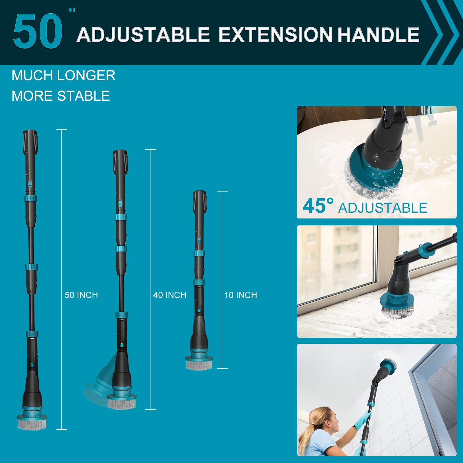 BEI & HONG 2023 Upgraded 50-Inch Adjustable Cordless Power Scrubber with 4 Replaceable Brush Heads, 2 x 21V Batteries - Blue