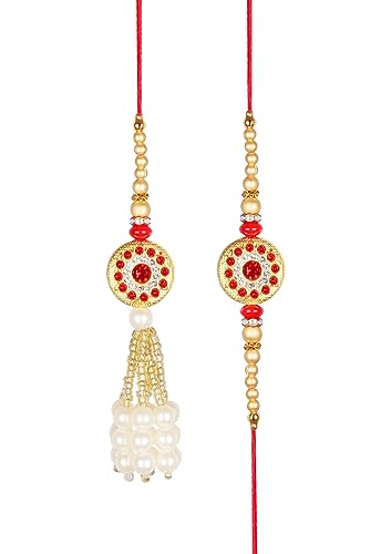 CHERKRAFT Lumba Rakhi For Brother & Bhabhi Set/Bhaiya Bhabhi Rakhi Thread Jodi Kundan Combo Rakhi (Design 1, Standard)