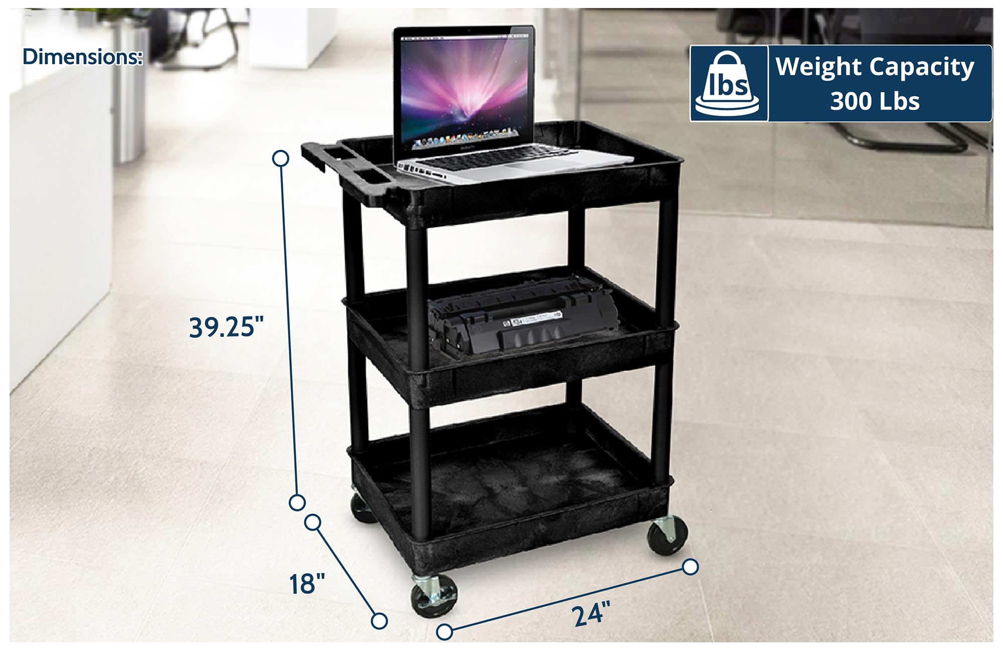 Offex 39.25" H Mobile Multipurpose Utility Tub Cart with 3 Shelves and Push Handle - Black, Great for Warehouse, Garage and More