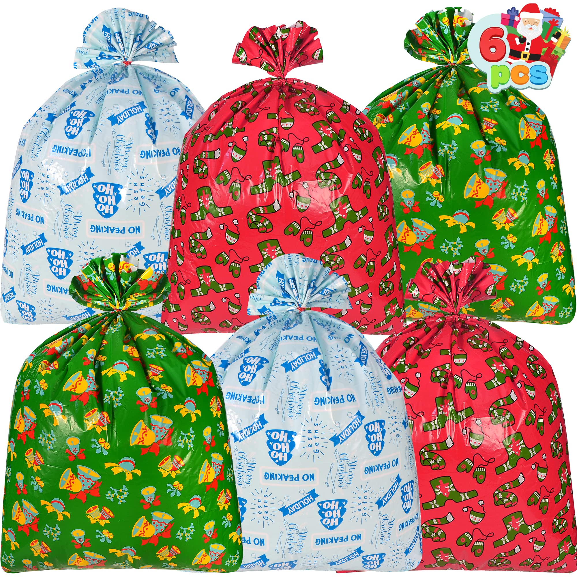 JOYIN 6 Pieces Christmas Giant Goody Gift Bags, Jumbo Size 43” X 36”, W/ Tie & Name Card Assortment for Holiday Treats, Oversize Xmas Gifts, Heavy Duty Party Favor Supplies, Christmas Goodie Large Bags