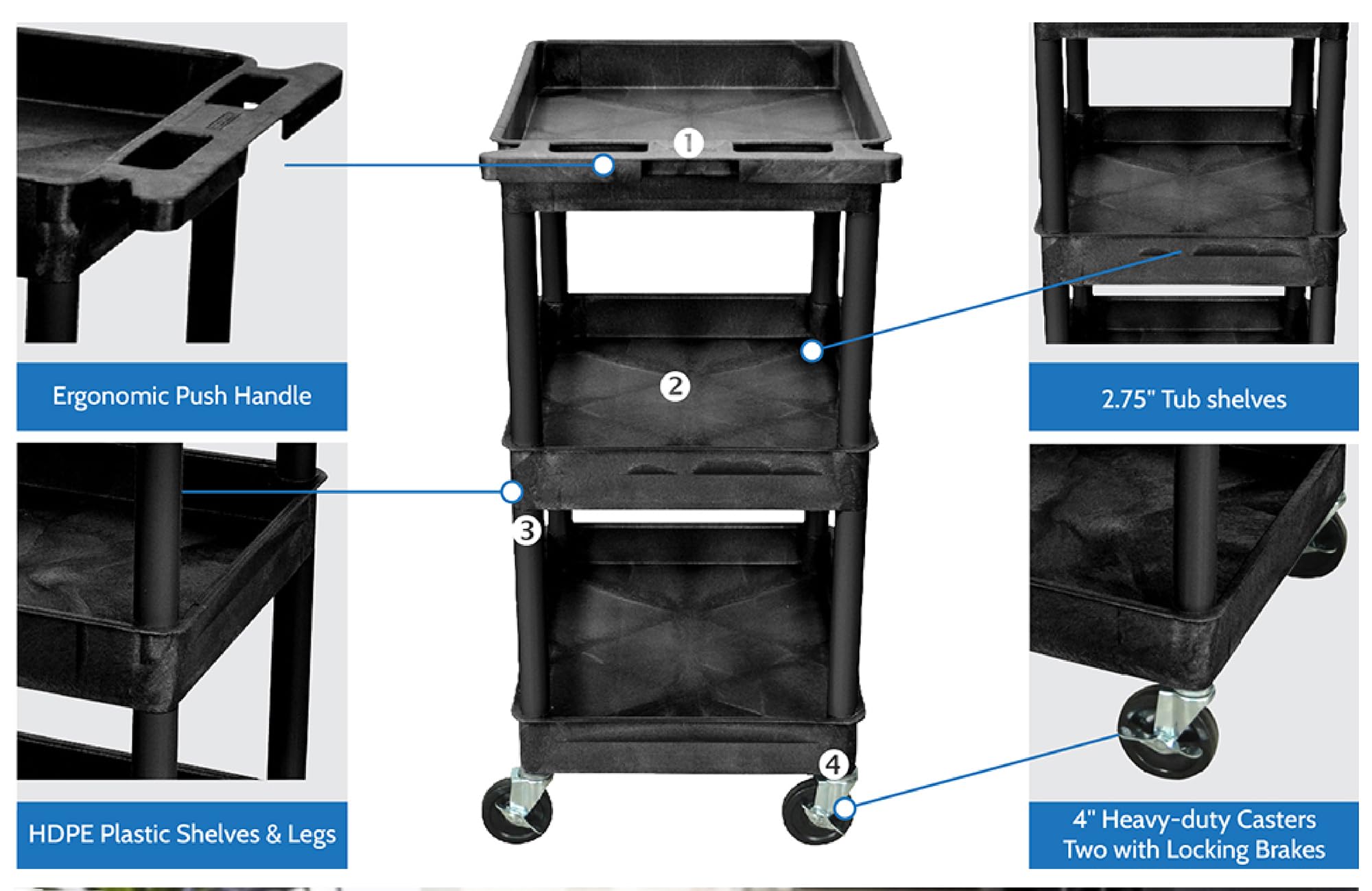 Offex 39.25" H Mobile Multipurpose Utility Tub Cart with 3 Shelves and Push Handle - Black, Great for Warehouse, Garage and More