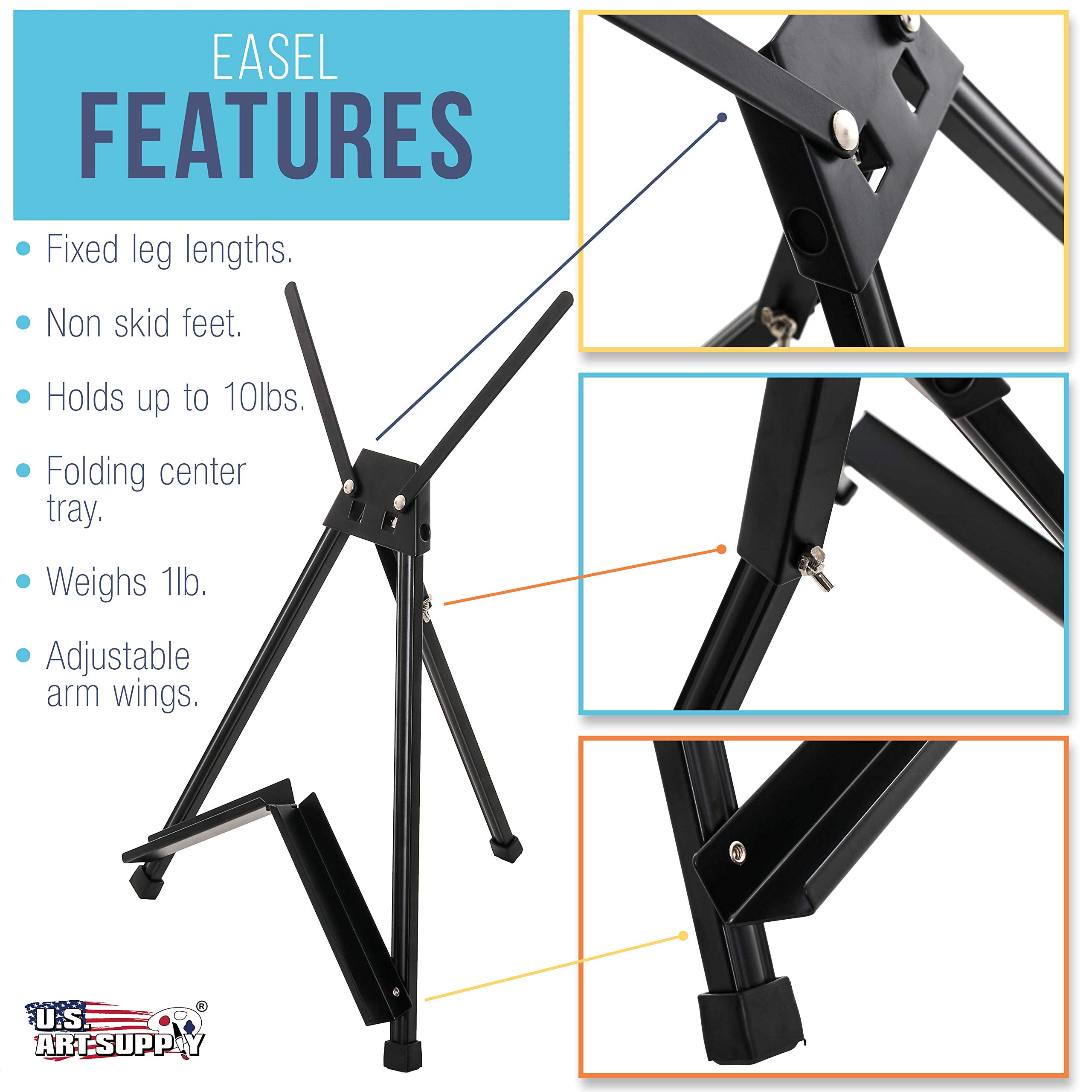 U.S. Art Supply 15" to 21" High Adjustable Black Aluminum Tabletop Display Easel with Extension Arm Wings - Portable Artist Tripod Folding Frame Stand - Holds Canvas, Paintings, Books, Photos, Signs