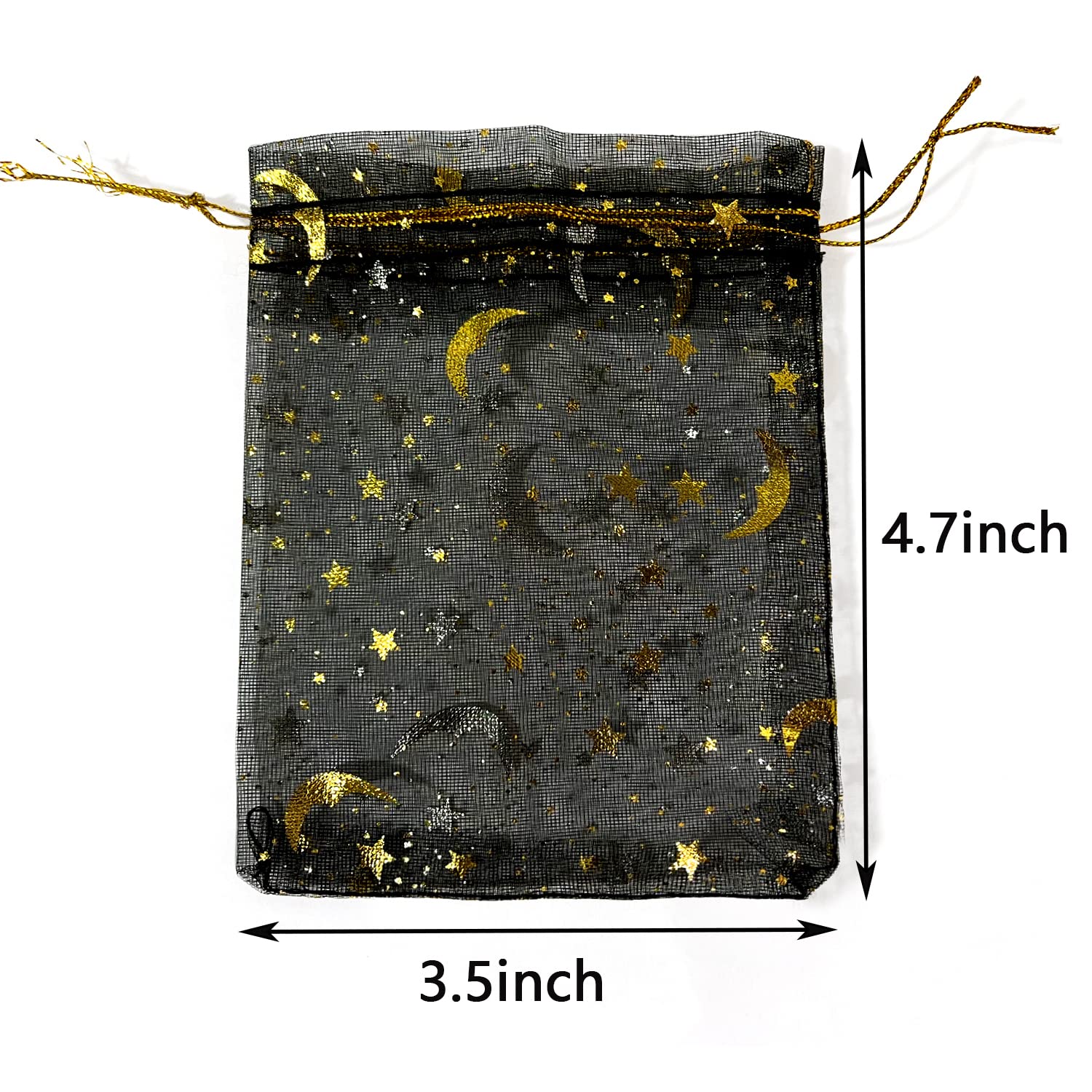 100 Pcs 3.5 x 4.7 Inch Black Organza Jewelry Gift Bag, Moon Star Drawstring Candy Bag for Wedding Party Valentine's Day.