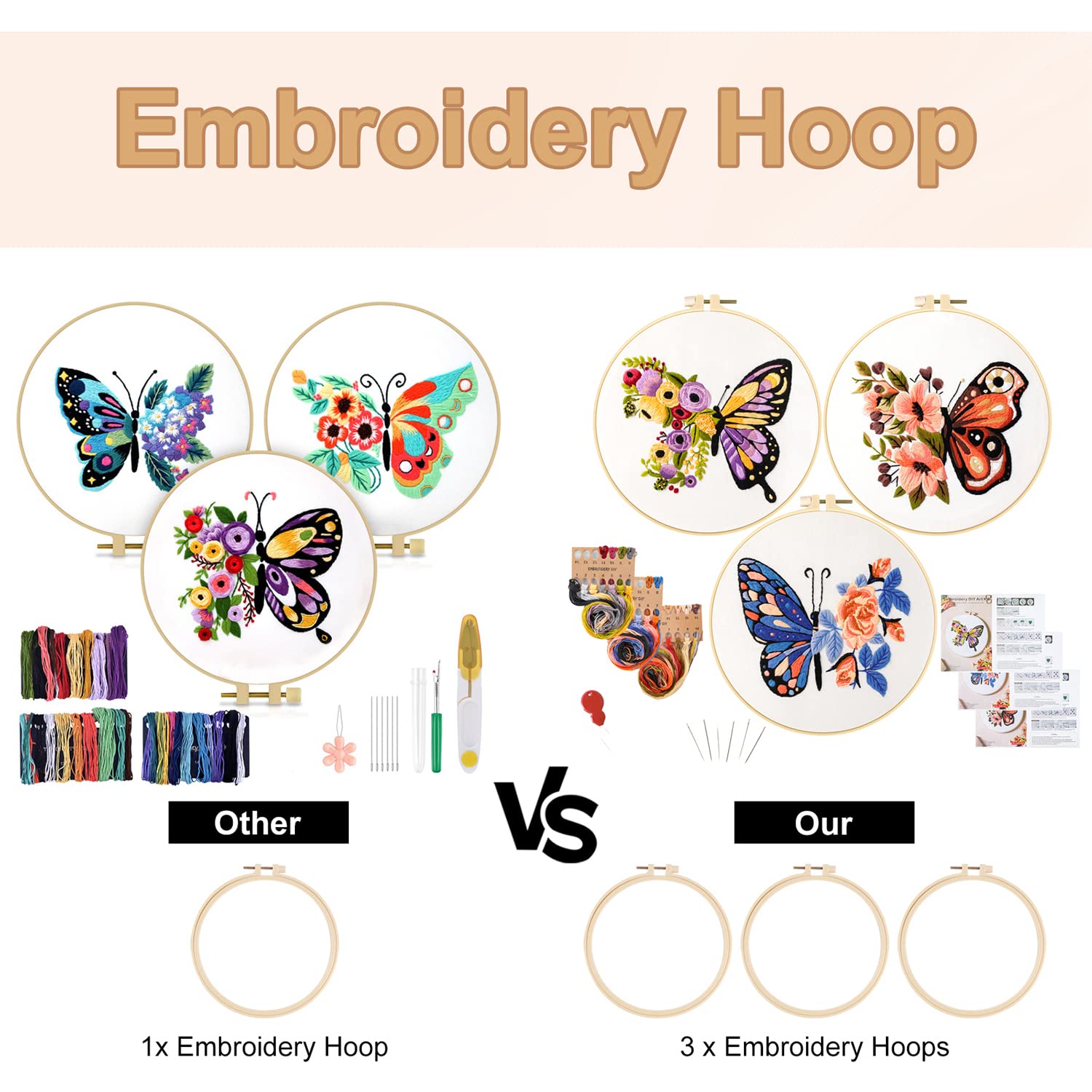 Anidaroel 3 Sets Butterfly Flower Pattern Embroidery Starter Kit for Beginners, Stamped Cross Stitch Kits for Beginners Adults Include Embroidery Fabric Embroidery Hoop Threads and Needles
