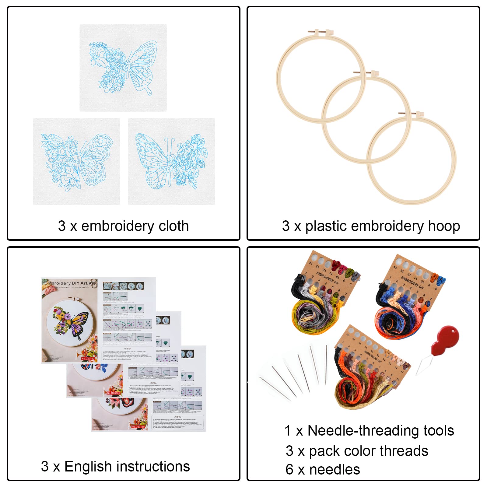 Anidaroel 3 Sets Butterfly Flower Pattern Embroidery Starter Kit for Beginners, Stamped Cross Stitch Kits for Beginners Adults Include Embroidery Fabric Embroidery Hoop Threads and Needles