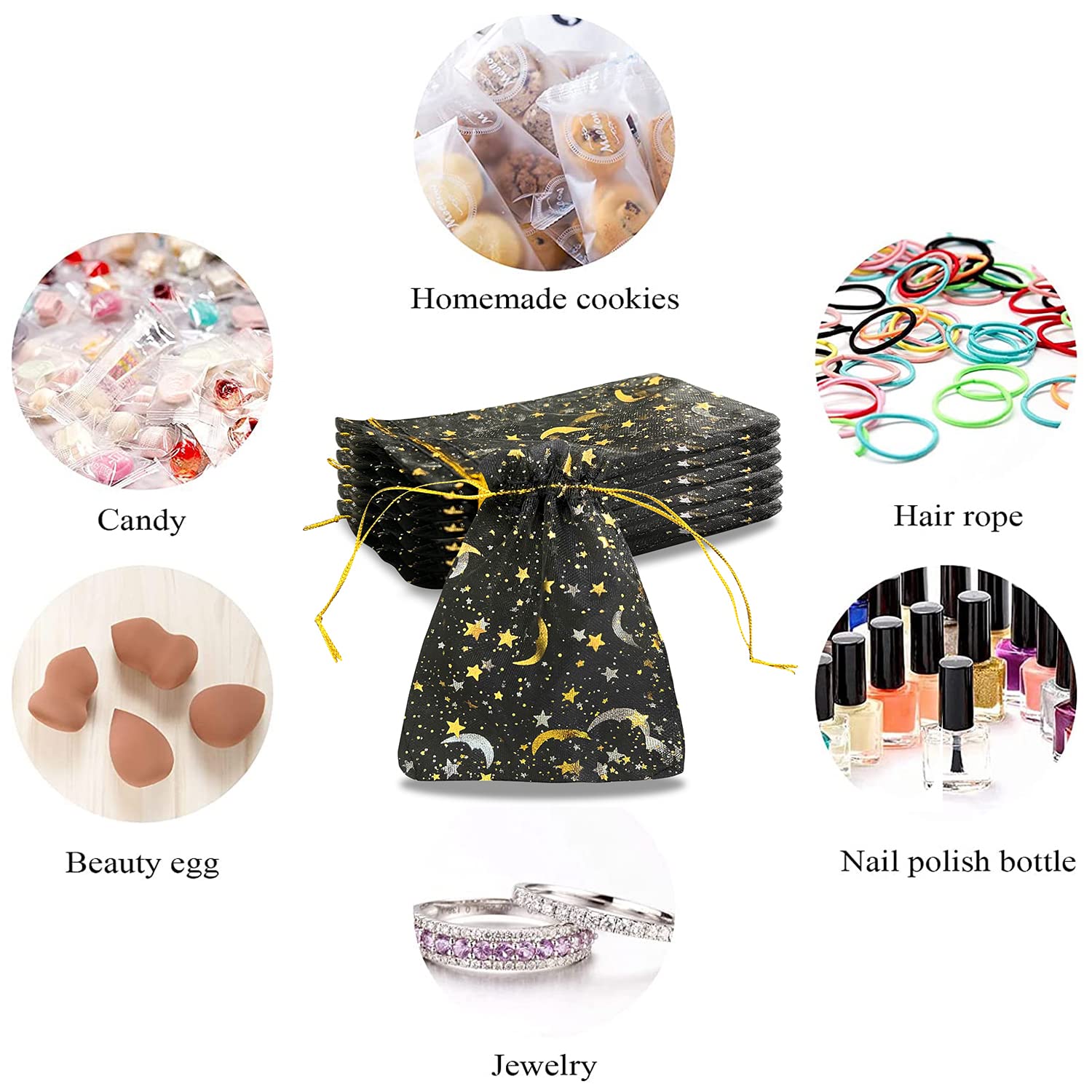 100 Pcs 3.5 x 4.7 Inch Black Organza Jewelry Gift Bag, Moon Star Drawstring Candy Bag for Wedding Party Valentine's Day.