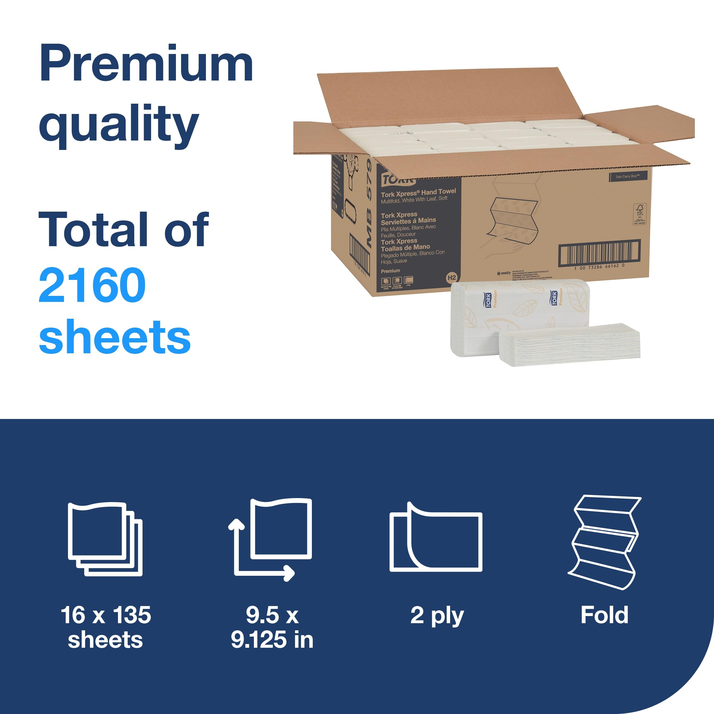 Tork Xpress Soft Multifold Hand Towel White H2, Absorbent, 16 x 135 Sheets, MB579