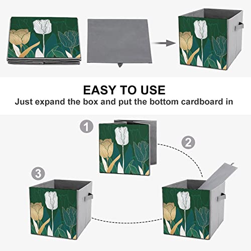 DamTma Gold Tulips Flowers Collapsible Storage Cubes Spring 10.6 Inch Fabric Storage Bins Storage Cubes with Handles Basket Storage Organizer for Clothes Pet Toys