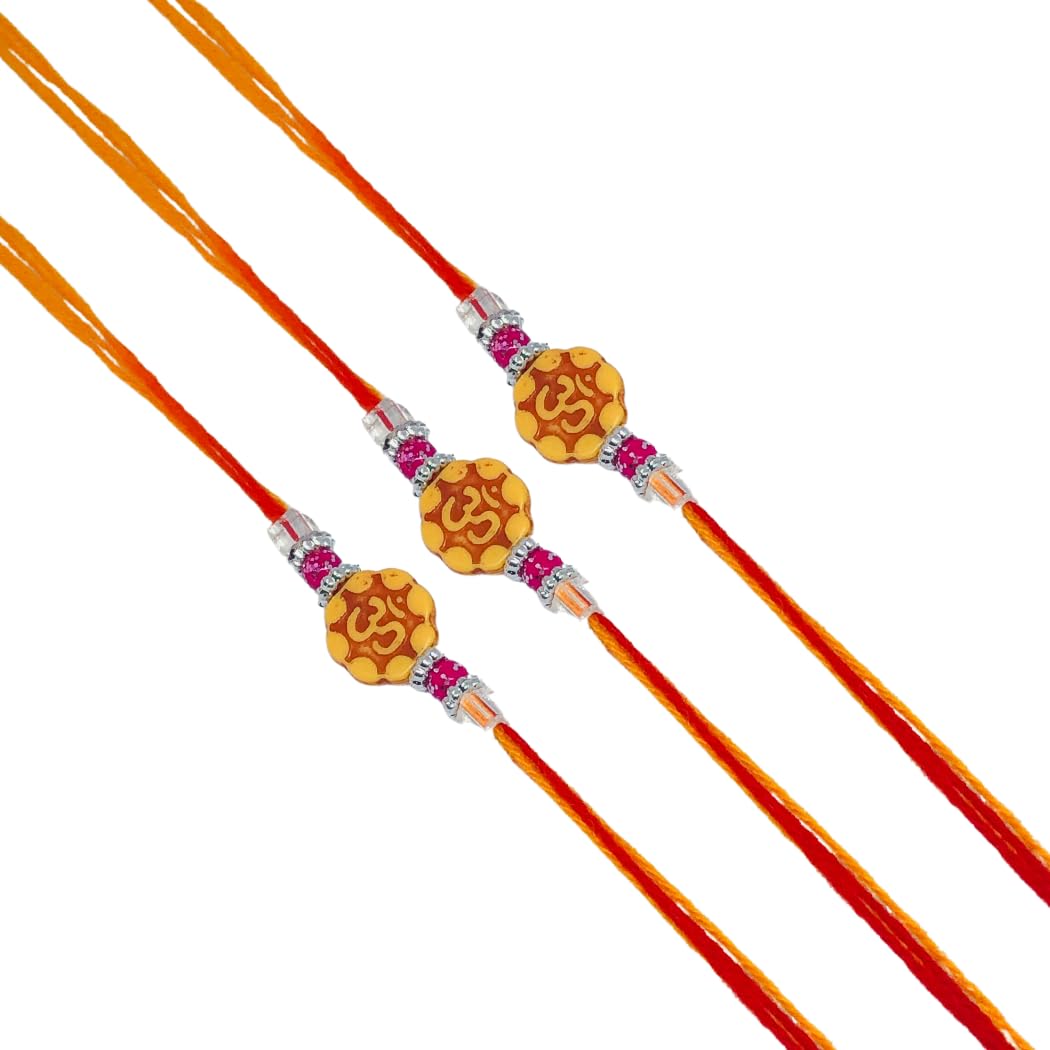 JAGMOR Om Pendant & Pink Beads Rakhi for Brother, Handmade Rakhi, Rakhee Bracelet for Brother, Rakhi for Bhai, Rakhi Bracelet for Sister, Bhaiya Bhabhi Rakhi, Indian Rakhi, Set of 3 rakhi