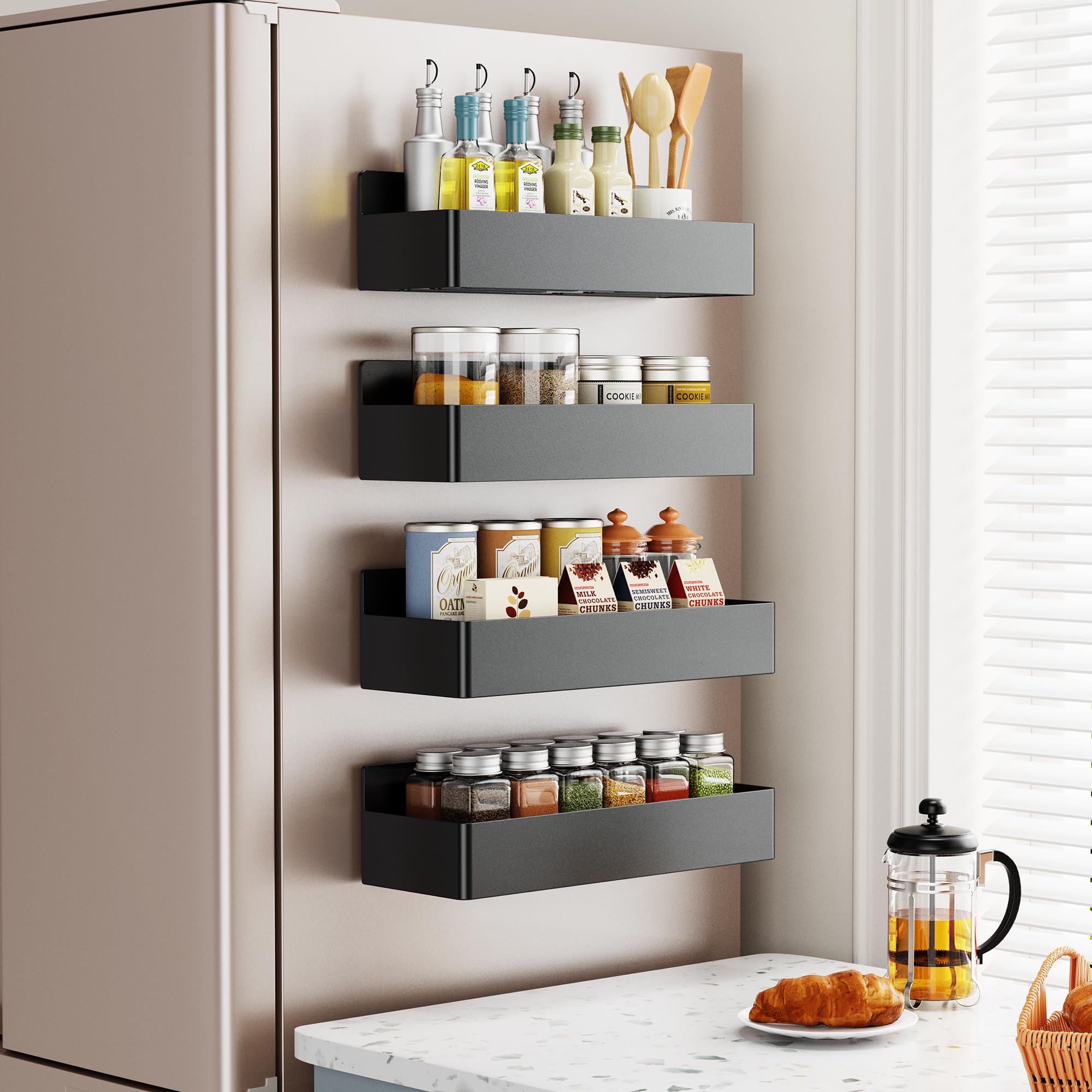 Vetacsion 4 Pack Plastic Moveable Fridge Magnetic Spice Racks,Black