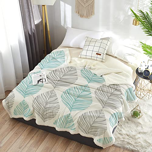 Gredice Sherpa Blankets Fleece Throw Blanket Reversible Soft Cozy Bed Blankets Abstract Seamless Plants Leaves,Flannel Sofa Throws,Grey and Teal Stripes on White Fuzzy Warm Blankets for Couch,40x50in