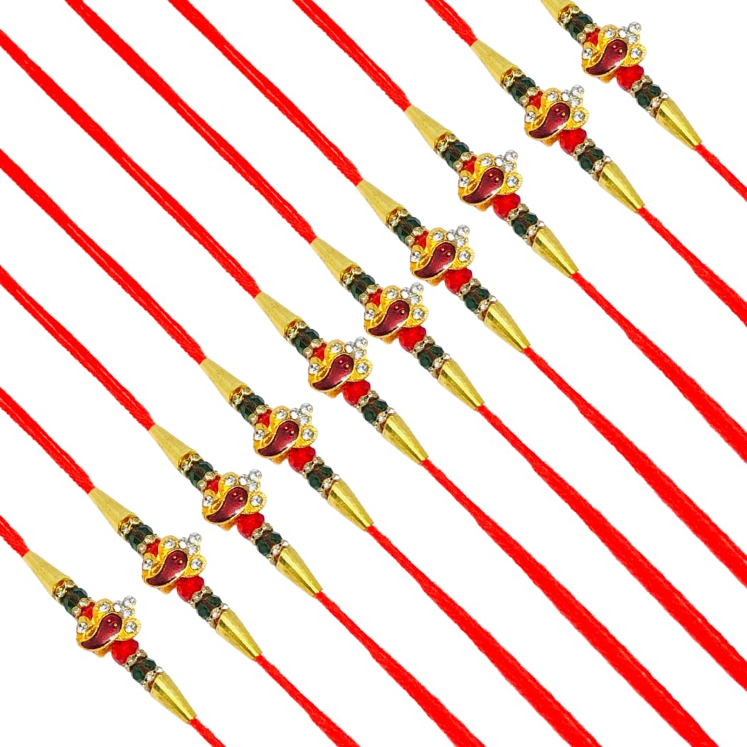 KHANDEKAR Set of 10 Pc Ganpati Pendant Rakhi for Brother Bhaiya Bhabhi Traditional Handmade Premium Quality Designer Rakhi Set with Roli Chawal, Rakhi Thread Rakhdi Bracelets