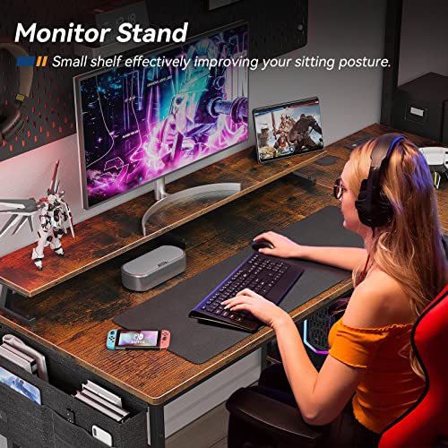 KKL 63 inch L Shaped Computer Desk with USB Charging Port & Power Outlet, L-Shaped Corner Desk with 4 Tier Drawer & Monitor Shelf for Home Office Workstation, Modern Style Writing Table, Vintage