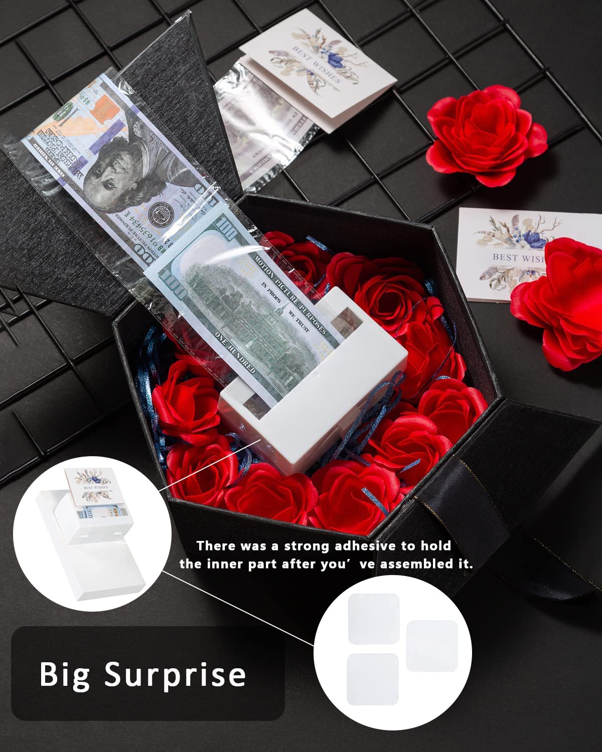 JSUPMKJ Money Box for Cash Gift Pull, Money Roll Gift Box with Flower, 9 inches Large Gift Ribbon Box, Surprise Money Gift Box for Birthday/Christmas/Valentine's Day