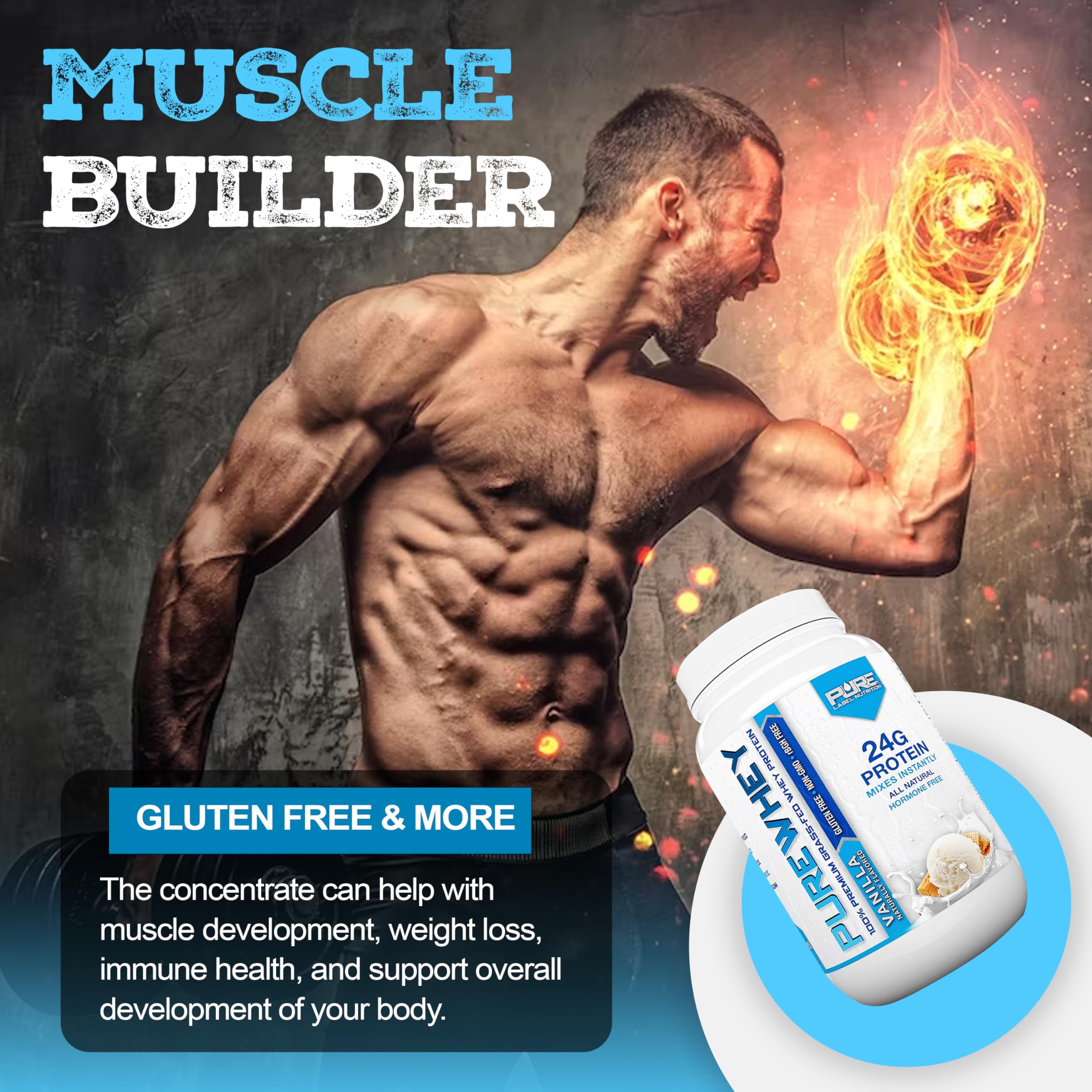 Pure Label Nutrition Vanilla Whey Protein Concentrate, Pre Workout Protein Powder with Essential Amino Acids, 100% Grass Fed, for Post Workout Recovery & Muscle Building, Low Carb - 2lbs