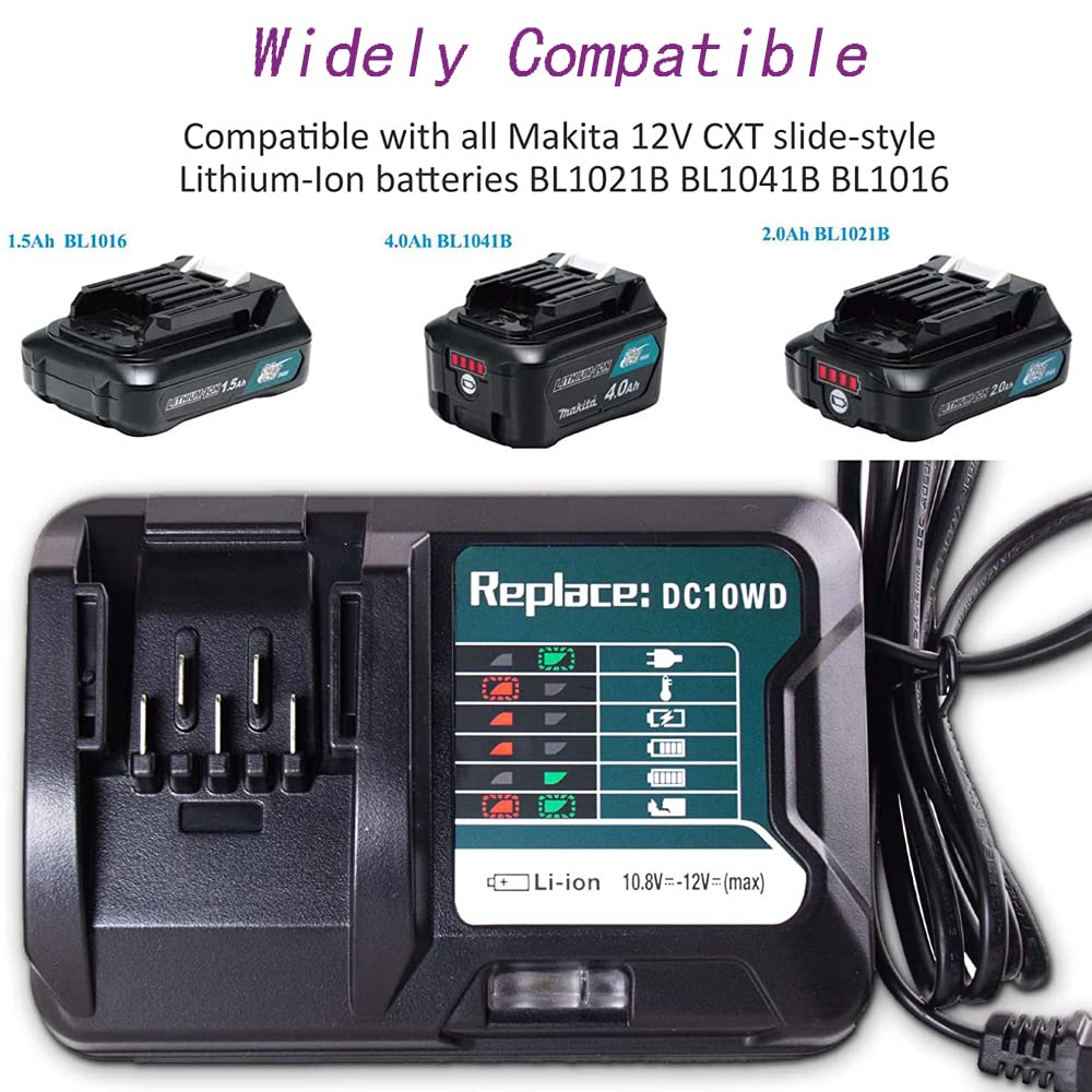 Padarsey Replacement DC10WD Lithium Battery Fast Charger for Makita DC10SB DC10WC BL1015 BL1016 BL1015 BL1021B BL1041B 10.8V -12V US Plug 1.3A 2A 3A LED Indicate