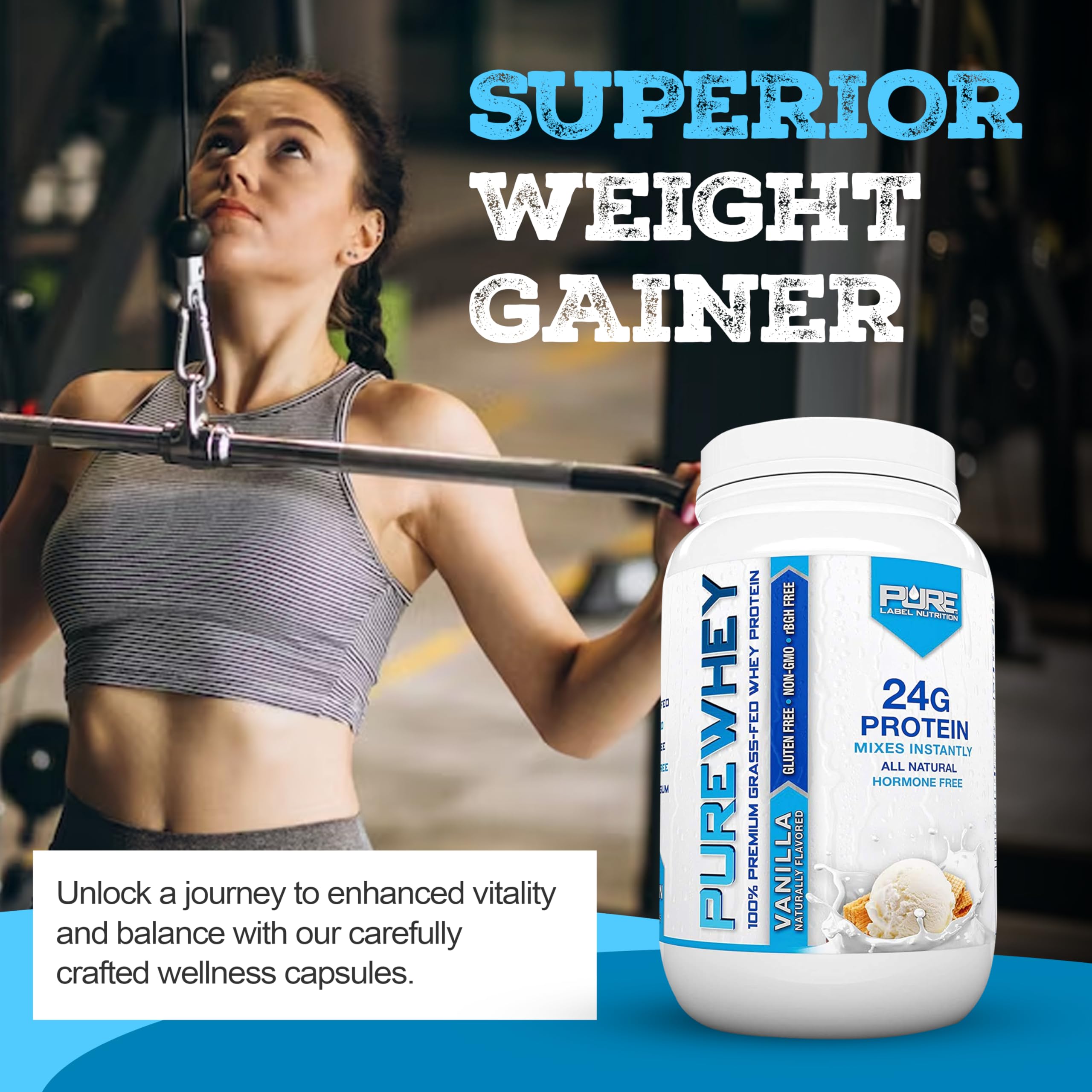 Pure Label Nutrition Vanilla Whey Protein Concentrate, Pre Workout Protein Powder with Essential Amino Acids, 100% Grass Fed, for Post Workout Recovery & Muscle Building, Low Carb - 2lbs