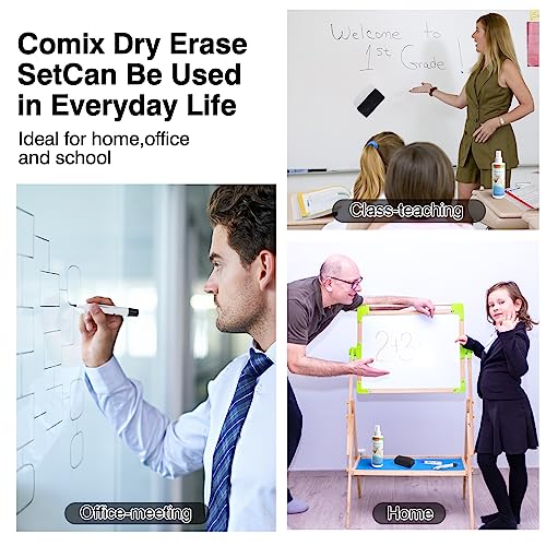 Comix Dry Erase Set with 16 Chisel Tip Dry Erase Markers, 8.5 Fl Oz Cleaner & Magnetic Eraser, Office and School Supplies for Whiteboards, Calendar