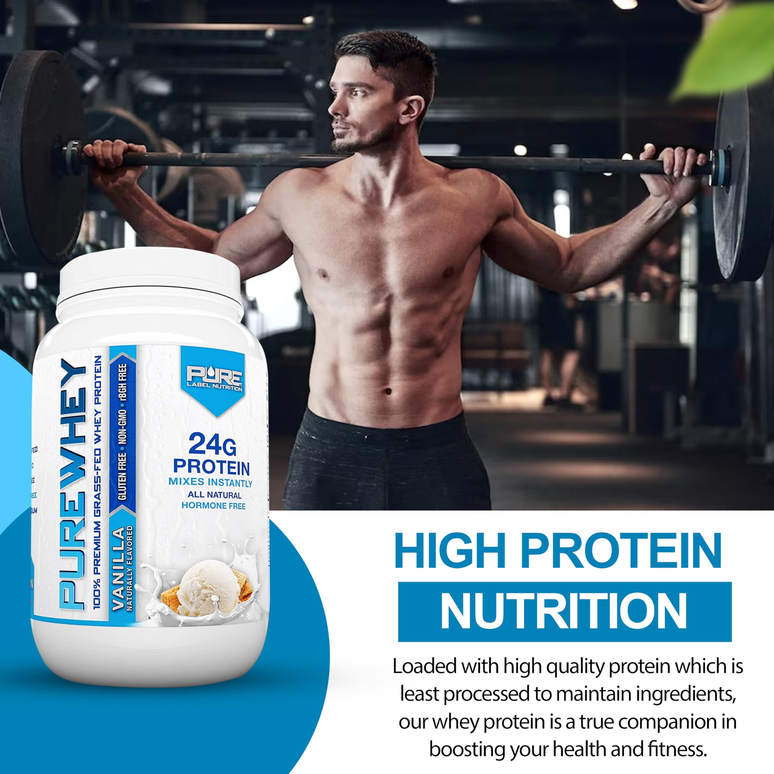Pure Label Nutrition Vanilla Whey Protein Concentrate, Pre Workout Protein Powder with Essential Amino Acids, 100% Grass Fed, for Post Workout Recovery & Muscle Building, Low Carb - 2lbs