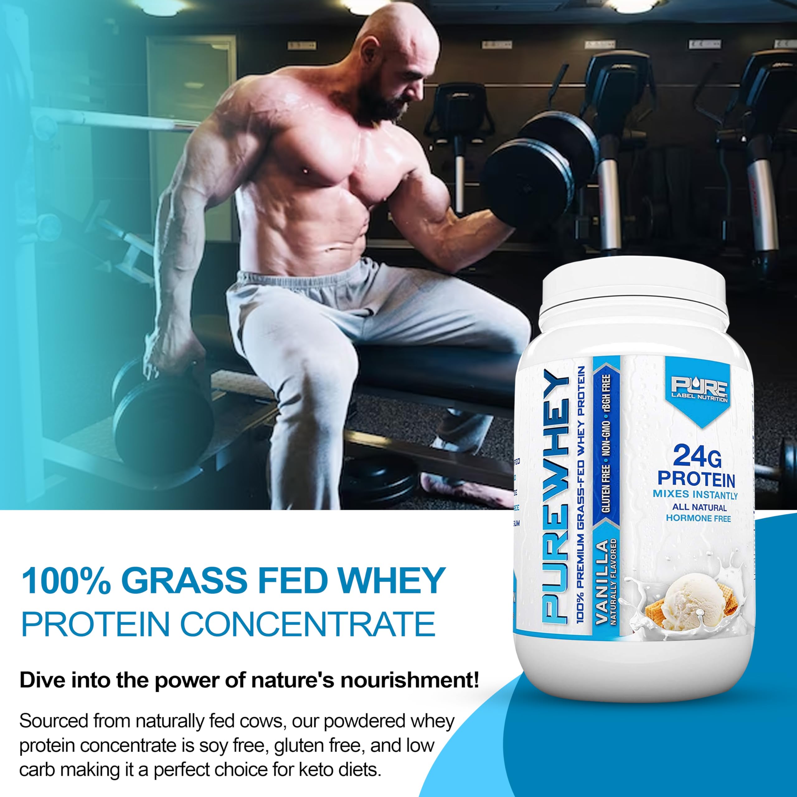 Pure Label Nutrition Vanilla Whey Protein Concentrate, Pre Workout Protein Powder with Essential Amino Acids, 100% Grass Fed, for Post Workout Recovery & Muscle Building, Low Carb - 2lbs