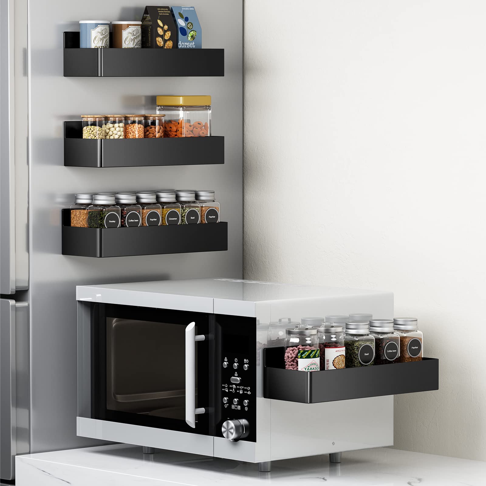 Vetacsion 4 Pack Plastic Moveable Fridge Magnetic Spice Racks,Black