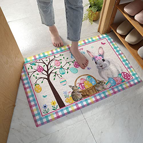 Easter Flower Bath Mat, Soft Absorbent Microfiber Plush Bathroom Rugs Mat Non Slip Doormat Floor Mat Carpet Spring Floral Rabbit Eggs Tree Colorful Plaid 16x24