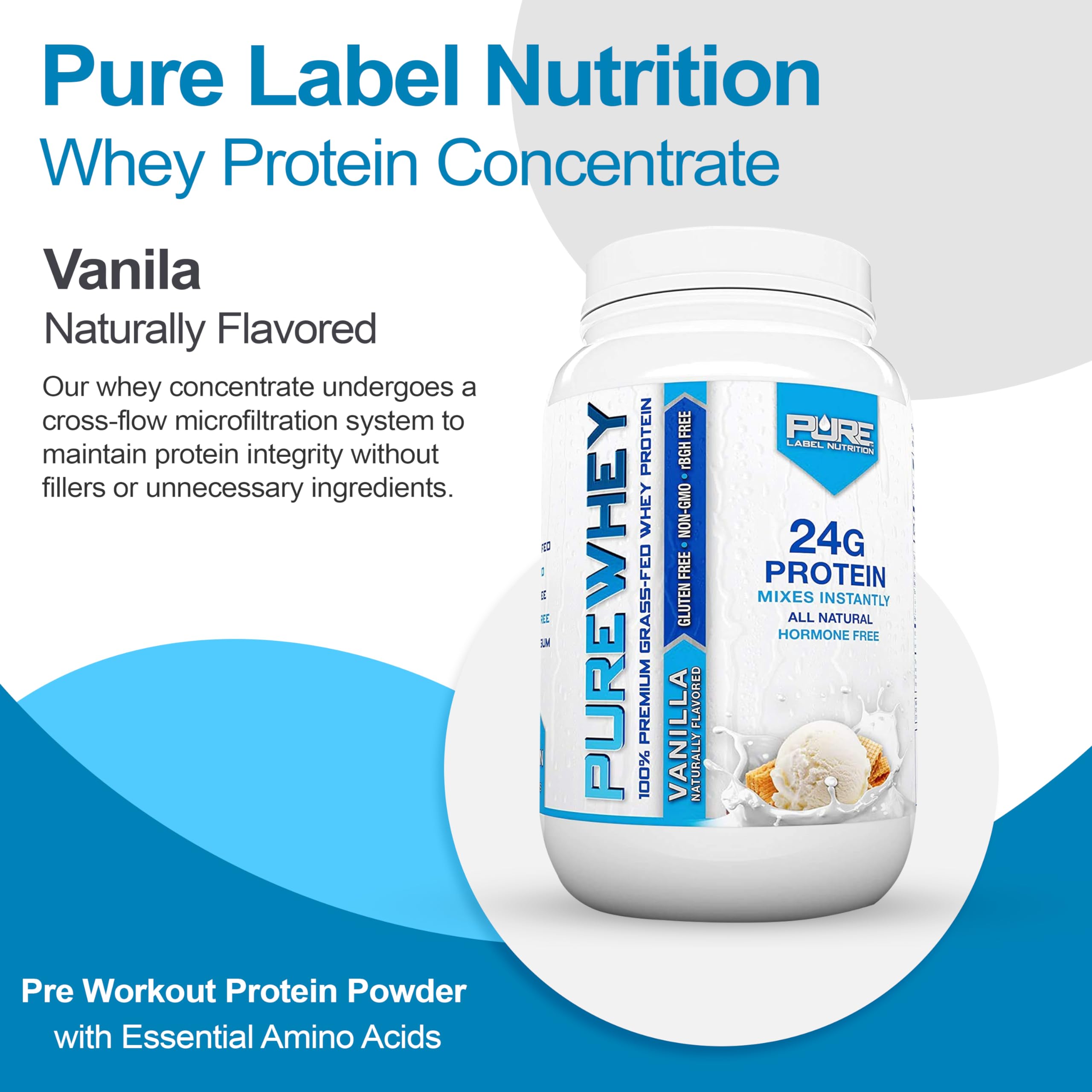 Pure Label Nutrition Vanilla Whey Protein Concentrate, Pre Workout Protein Powder with Essential Amino Acids, 100% Grass Fed, for Post Workout Recovery & Muscle Building, Low Carb - 2lbs