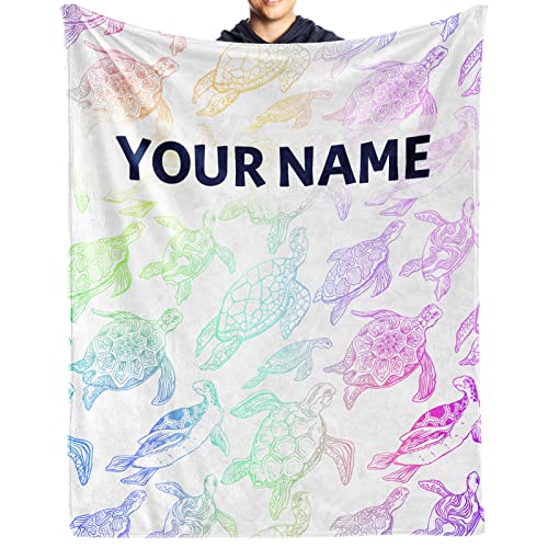 Personalized Sea Turtle Blanket Gifts with Text Name, 40"x50" Turtle Flannel Fleece Throw Blanket Soft, Lightweight, Comfortable, Warm Sea Turtle Themed Blanket for Kids Adults