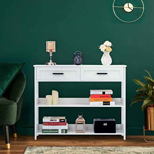 ALIMORDEN 3-Tier Narrow Console Table, 2 Drawers and 2 Storage Sofa Table Shelves for Hallway, Entrance, Living Room, White