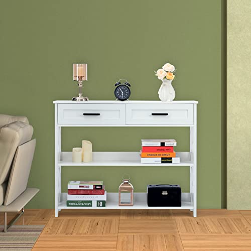 ALIMORDEN 3-Tier Narrow Console Table, 2 Drawers and 2 Storage Sofa Table Shelves for Hallway, Entrance, Living Room, White