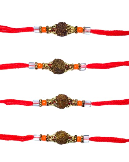 KMVINC Pack of 4 Rakhi Thread, Big Rudraksha with Orange Beads Rakhi, Rakhee for Bhai, Bhaiya, Brother, Assorted Color Thread