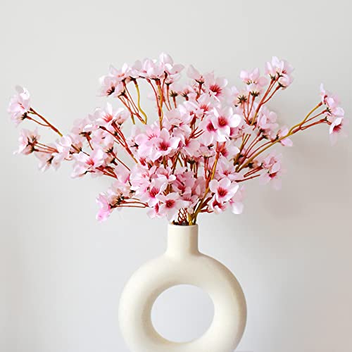 Tisinly Pink Flowers 4PCS Artificial Cherry Blossom Silk Flowers, Faux Peach Flowers Lifelike Fake Branches 15.7'' for Home Kitchen Wedding DIY Garden Decorations