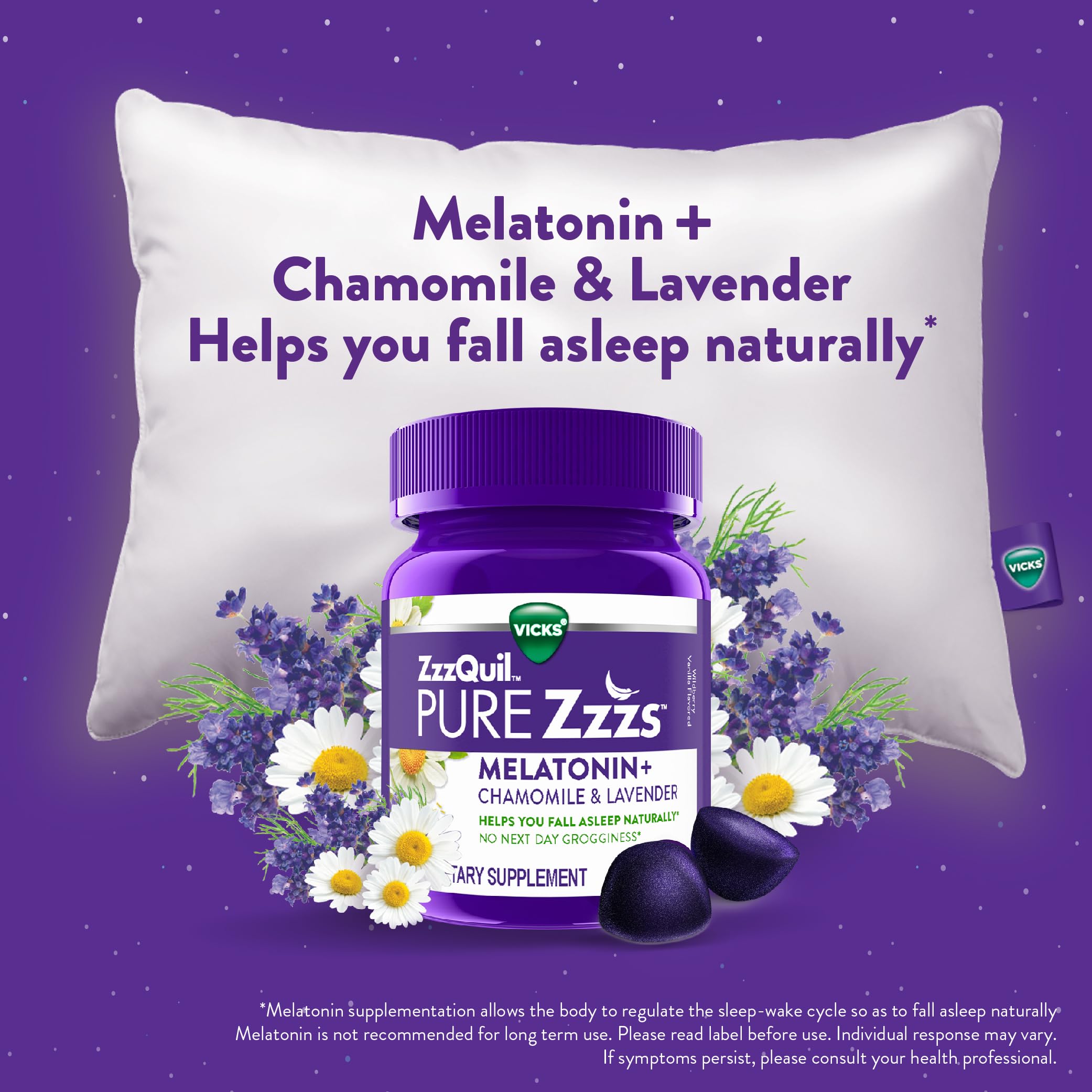ZzzQuil PURE Zzzs Melatonin Gummies, Sleep Aid, Melatonin 2mg, with Chamomile & Lavender, Melatonin Sleep Gummies, Sleep Aids for Adults, Wildberry Vanilla Flavored, 24 Sleep Gummies