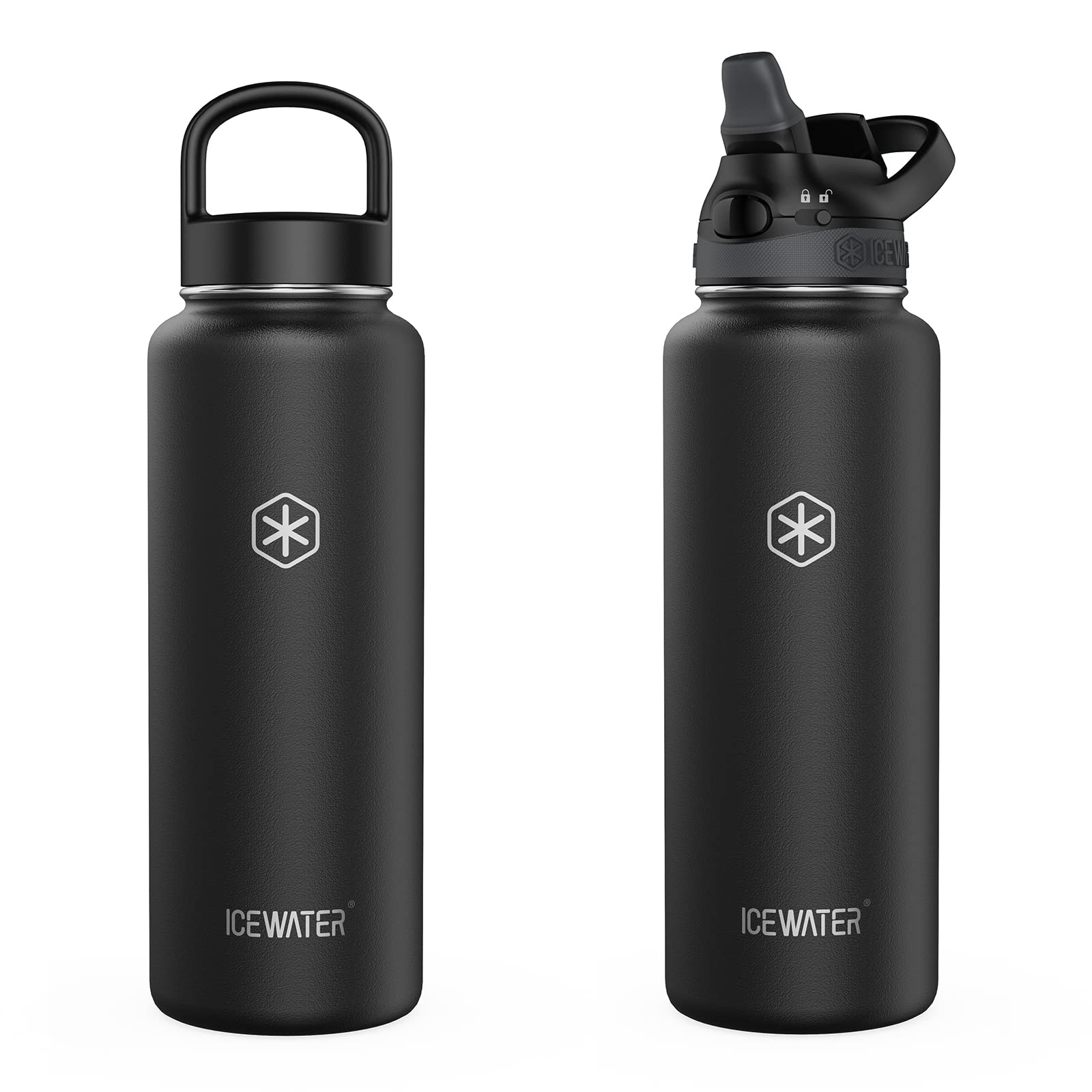 ICEWATER-40 oz Insulated Water Bottle With 2 Lids (Auto Straw & Wide Mouth),Stainless Steel,BPA-Free,Vacuum Double Walled, Leak Proof,Wide Mouth (40 oz, Black)