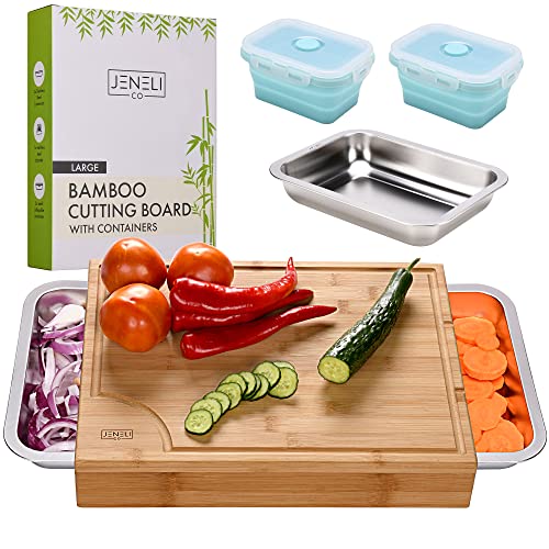 JENELI CO Large Bamboo Cutting Board with Containers, Meal Prep Station with Slide Out Stainless Steel Trays and Collapsible Containers, Smart chopping board-Over the Sink or Countertop