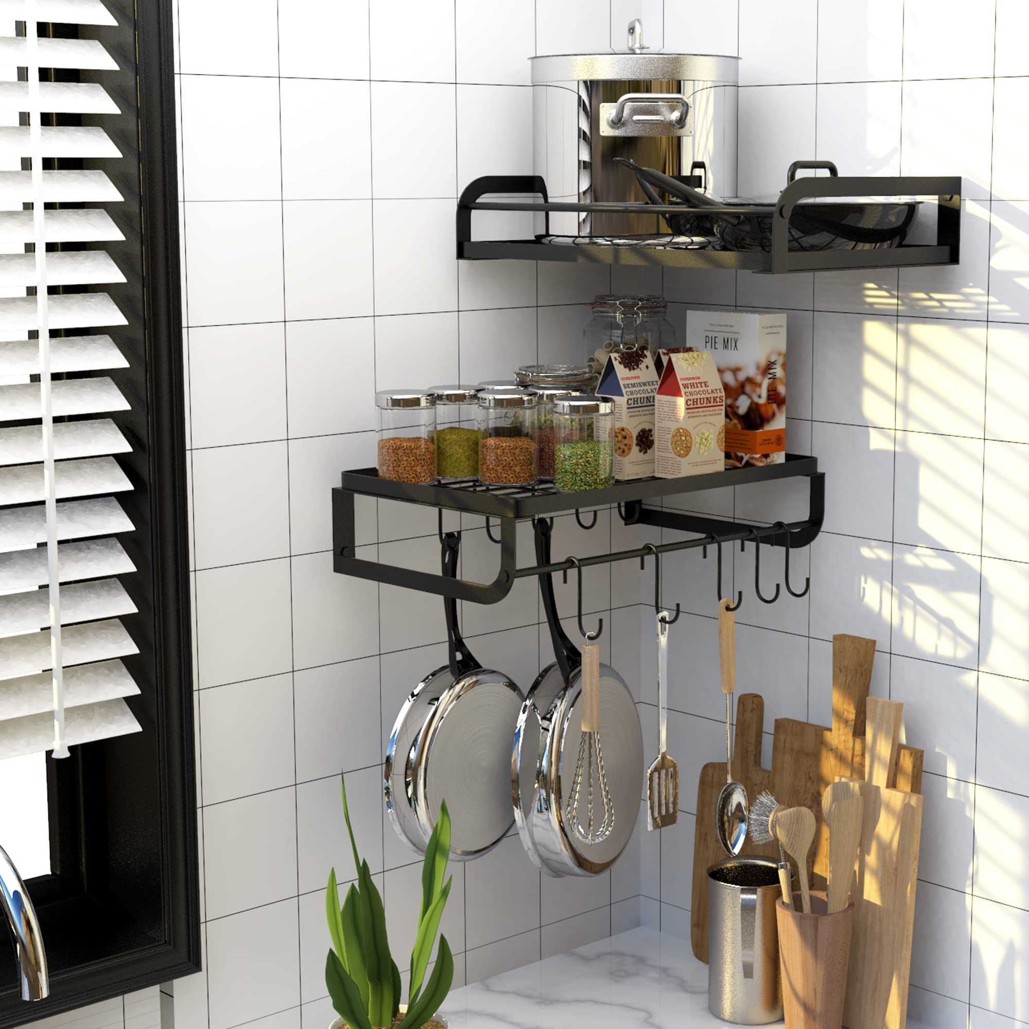 ETECHMART Hanging Pot Rack, 3 in 1 Wall Mounted Pan Holder with 10 Hooks, Heavy Duty Dish Rack Cookware Organizer, Kitchen Storage Shelf for Utensils, 2 Installation Way, Easy Assembly, Black