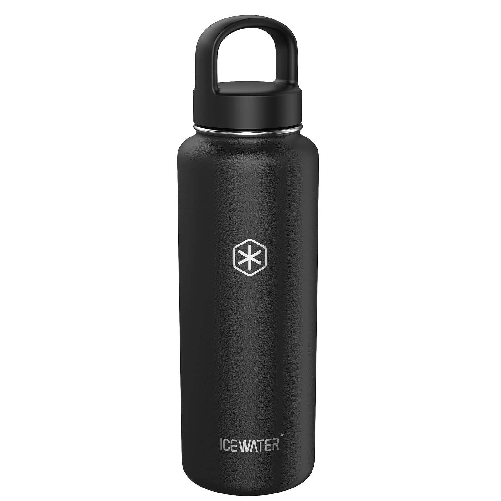 ICEWATER-40 oz Insulated Water Bottle With 2 Lids (Auto Straw & Wide Mouth),Stainless Steel,BPA-Free,Vacuum Double Walled, Leak Proof,Wide Mouth (40 oz, Black)
