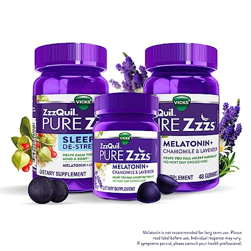ZzzQuil PURE Zzzs Melatonin Gummies, Sleep Aid, Melatonin 2mg, with Chamomile & Lavender, Melatonin Sleep Gummies, Sleep Aids for Adults, Wildberry Vanilla Flavored, 24 Sleep Gummies