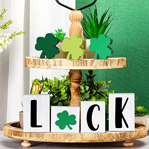 7 Pcs St. Patrick’s Day Tiered Tray Decor Lucky Shamrock Table Wooden Signs Lucky Letter Sign Freestanding Wooden Luck Blocks Shamrock Wood Letters Block for Irish Home Party Decor