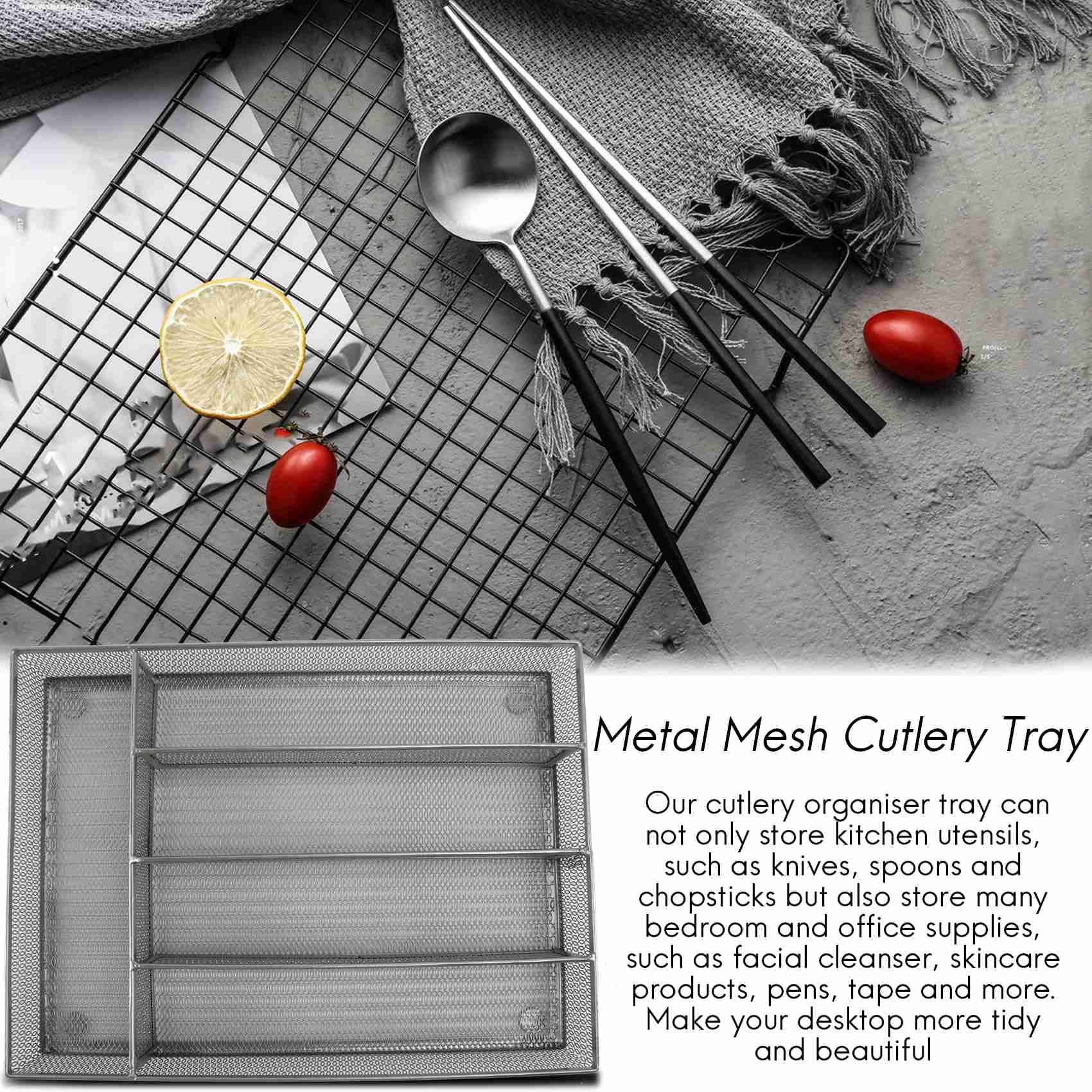 Sudemota Kitchen Drawer Organizer | 5 Compartments Utensil Mesh Trays - 12.57" x 9.23" No-Slipping Drawer Organization for Office