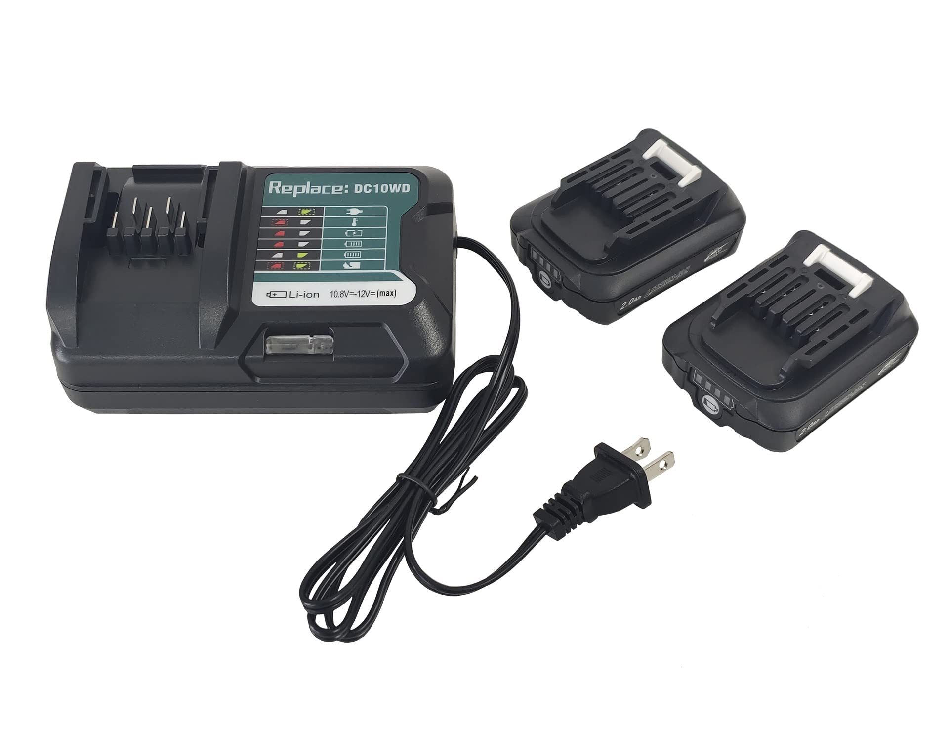 2pcs BL1021B 2.0Ah Battery with Charger DC10WD DC10SB, Compatible with Makita 12V Battery BL1016 BL1015 BL1020 BL1041B 197396-9, CP100DZ JR103D MP100DZ TD110D DF031D DF0331D CG100D CL106FD Tool